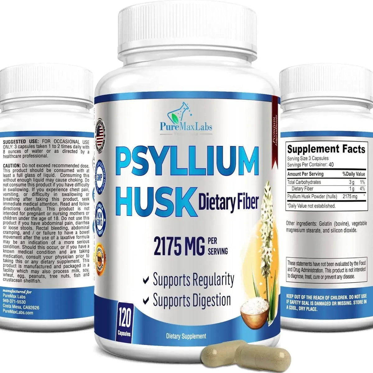 PureMax Labs Psyllium Husk 2175Mg. 120 Capsulas – The Red Vitamin MX