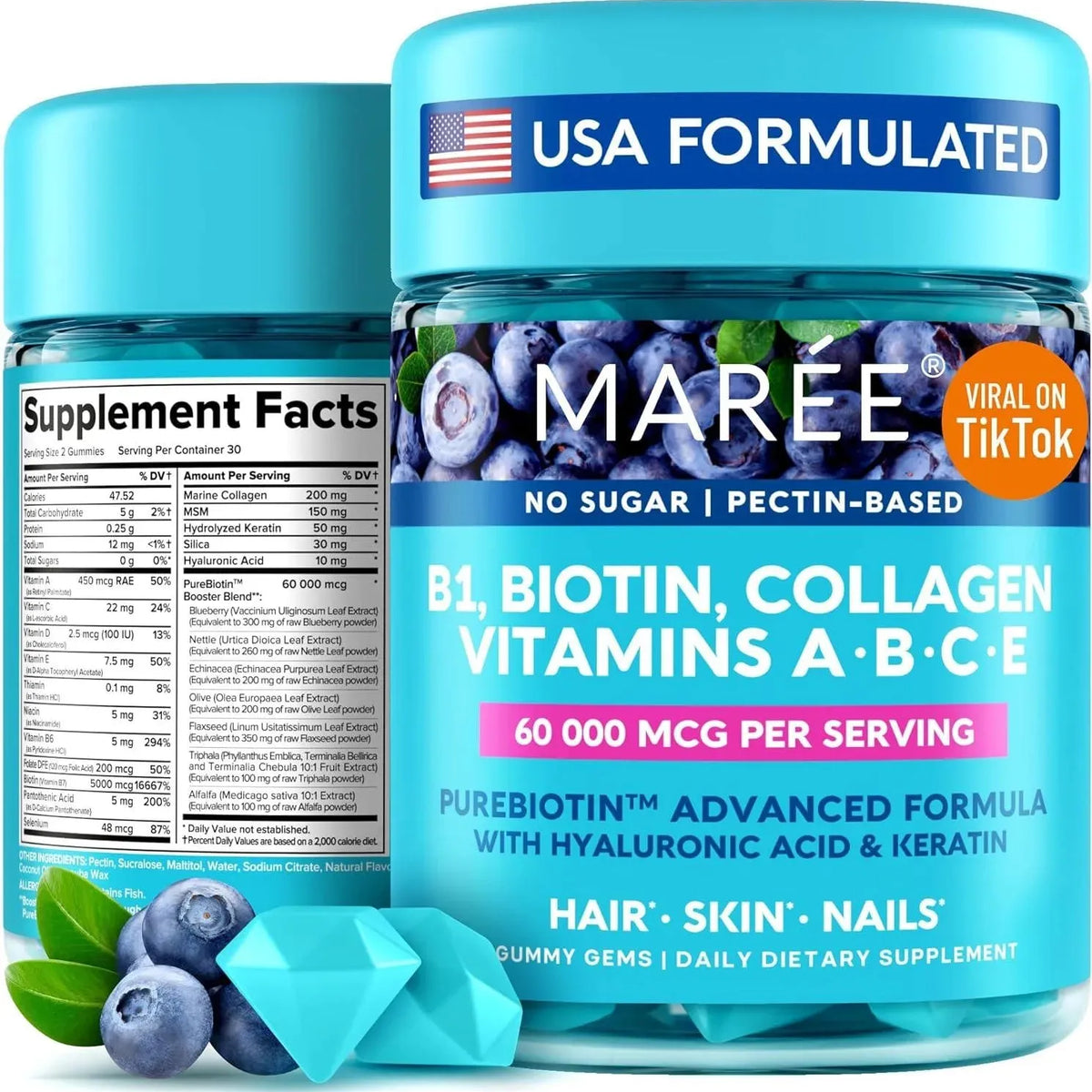 MAREE Skin, Nails & Hair Vitamin B1 Thiamine & B7 Biotin Gummies 60 Go ...