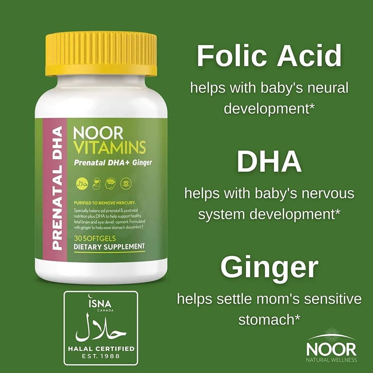 Noor Vitamins Halal Prenatal Vitamins with DHA and Folic Acid 30 Capsu ...